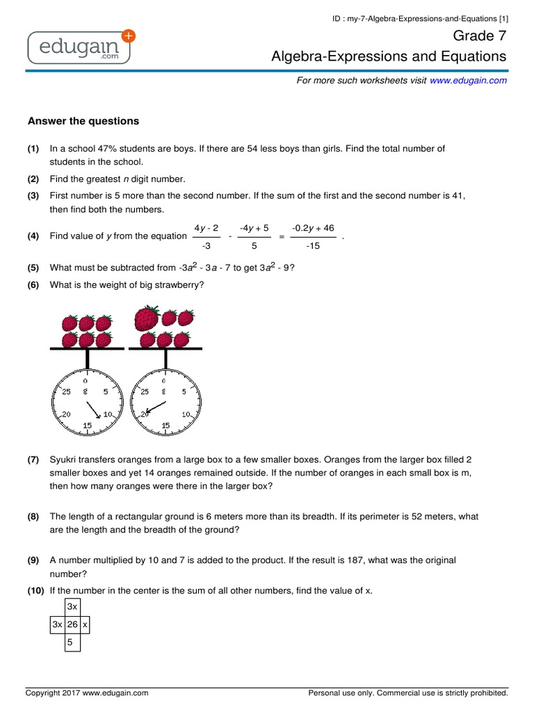 Grade 7 Algebra Expressions And Equations My Pdf Length Area