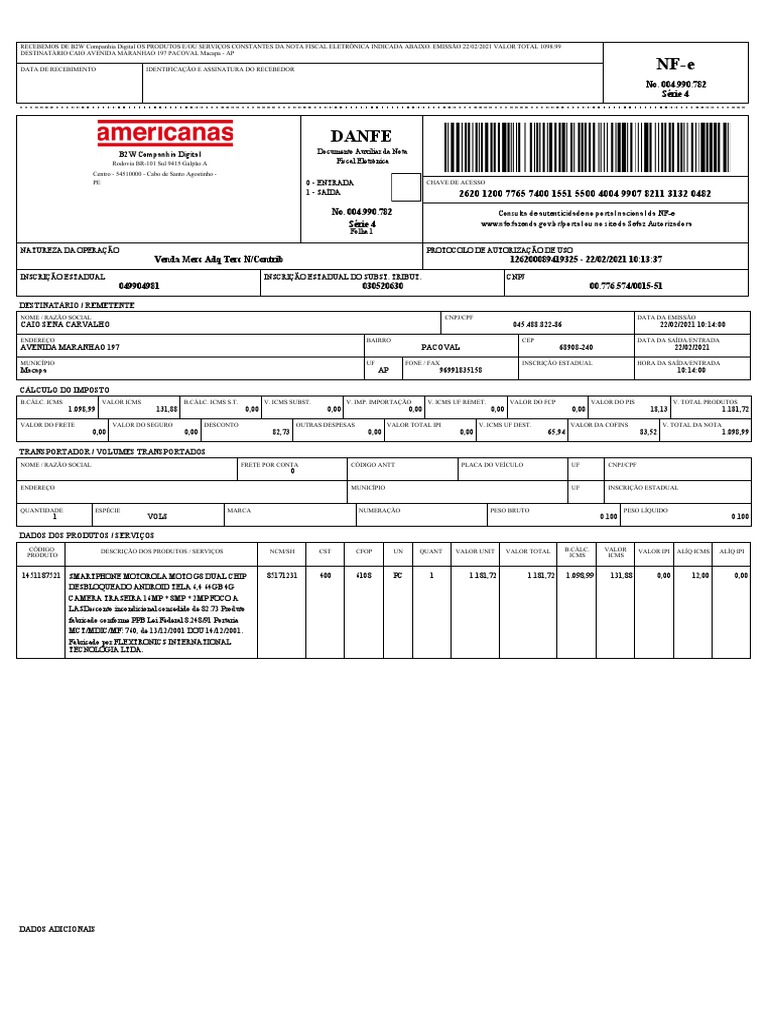 nota do celular | PDF | Recibo | Gestão da cadeia de suprimentos