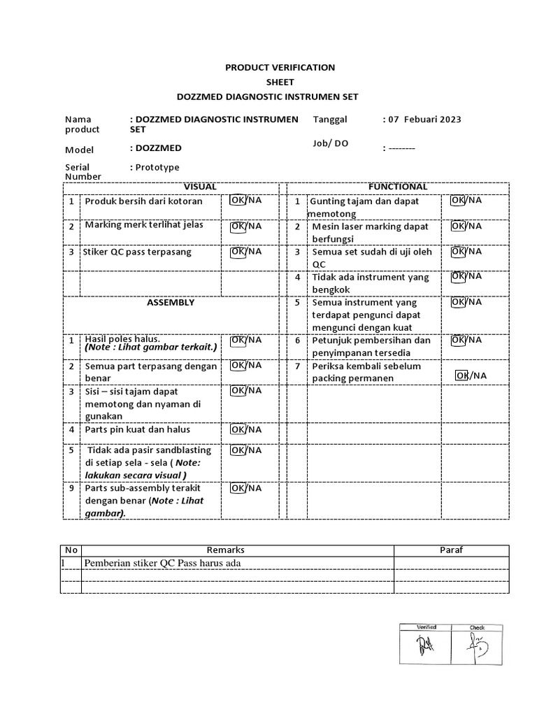 Verification Sheet Product Diagnostic Instrumen Set | PDF