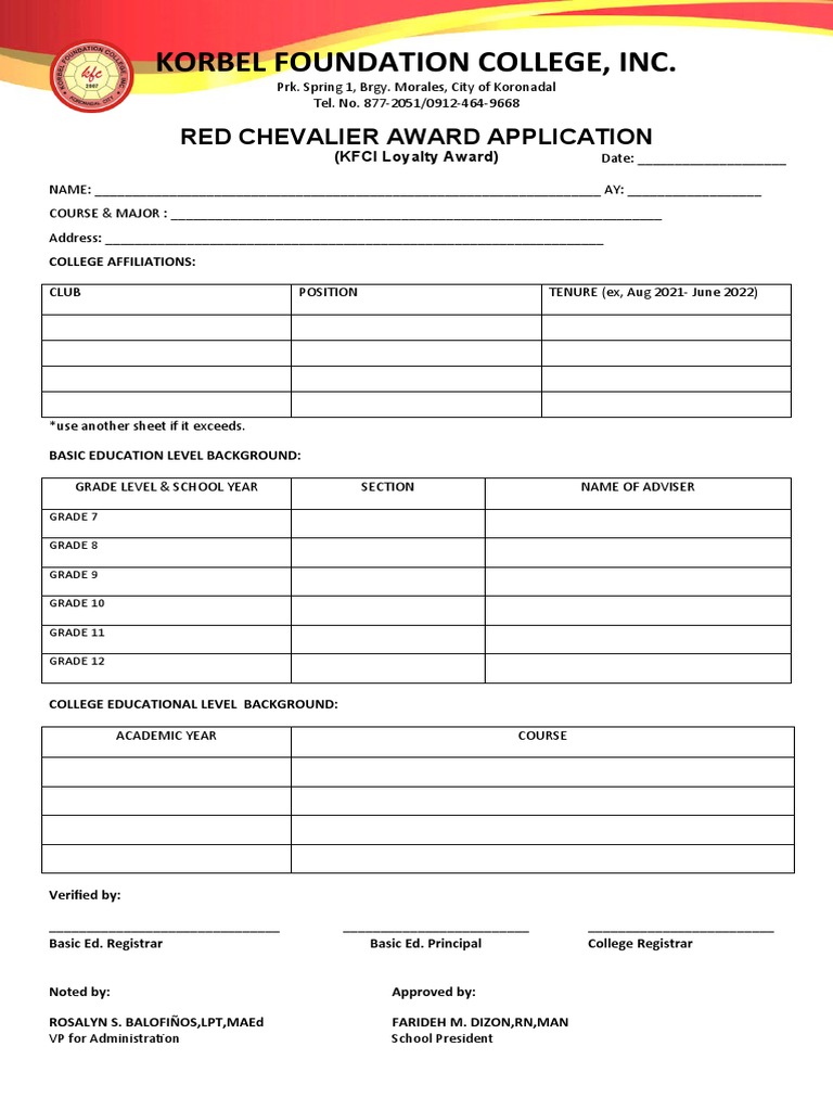 Red Chevalier Award Application Form | PDF | Career & Growth