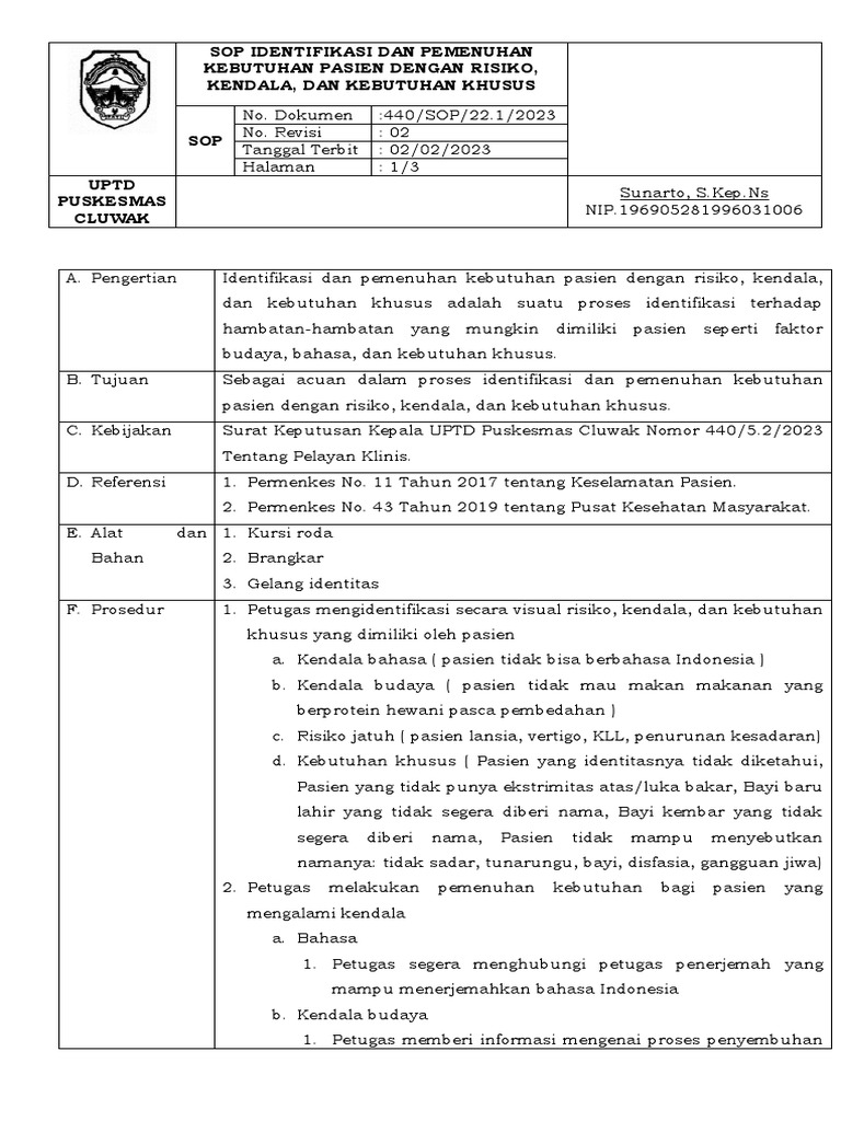 Sop Identifikasi Dan Pemenuhan Kebutuhan Pasien Dengan Kendala, Risiko, Dan Kebutuhan Khusus | PDF