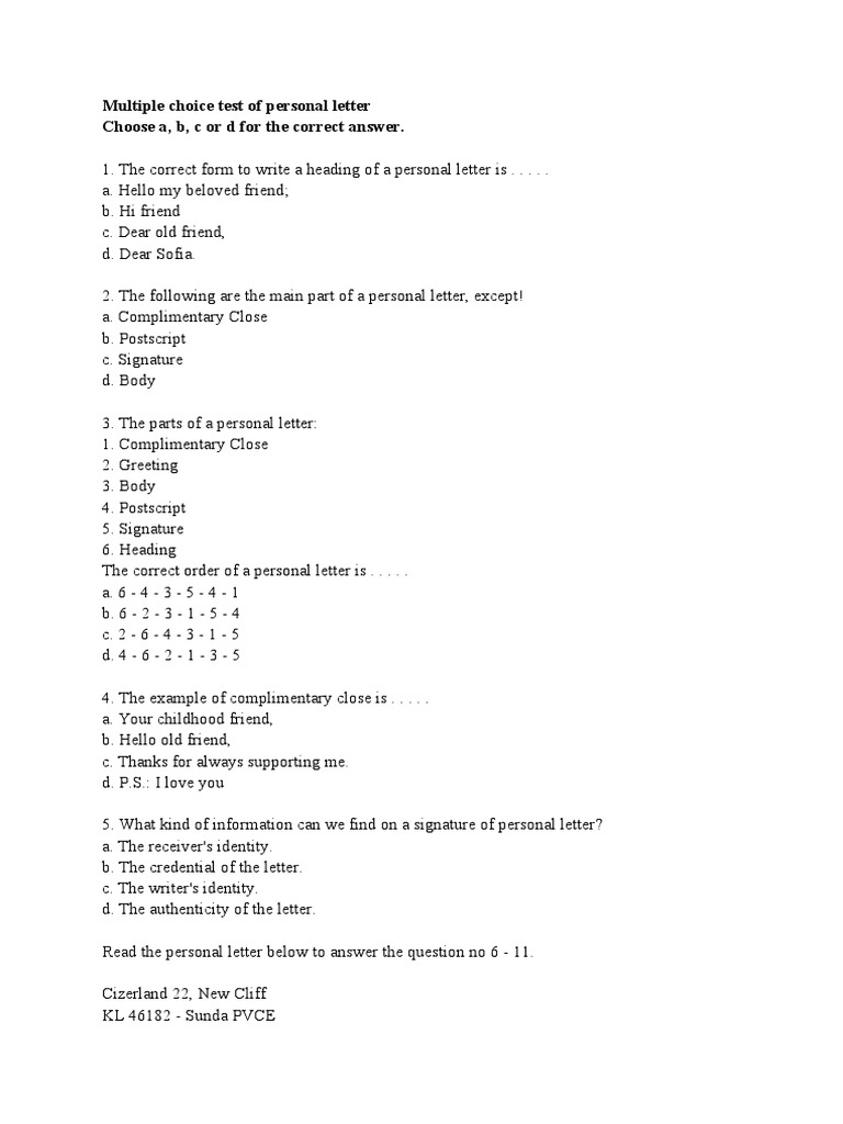 Multiple Choice Test of Personal Letter | PDF | Poetry