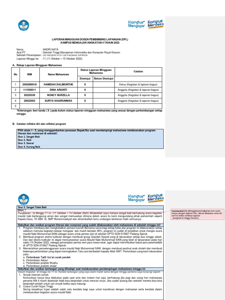 Laporan Mingguan DPL Minggu Kesebelas | PDF