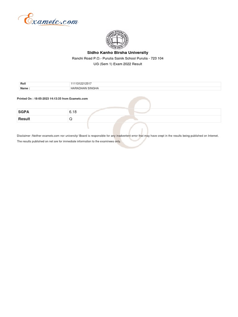 Sidho Kanho Birsha University UG Exam Result | PDF