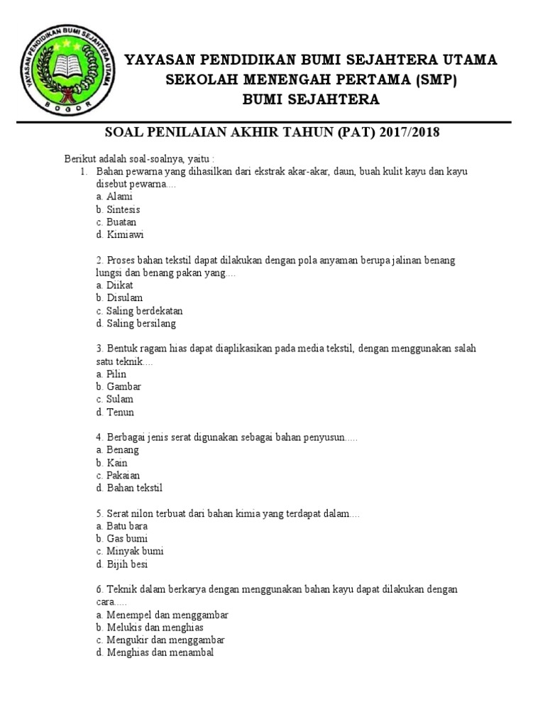 Soal Ujian SBK Kelas 7 SMP | PDF