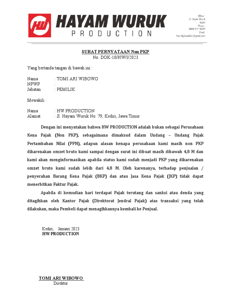 Surat Pernyataan Non PKP | PDF