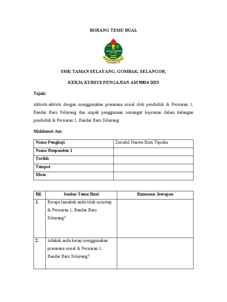 Borang Temu Bual | PDF Borang Temu Bual | PDF
