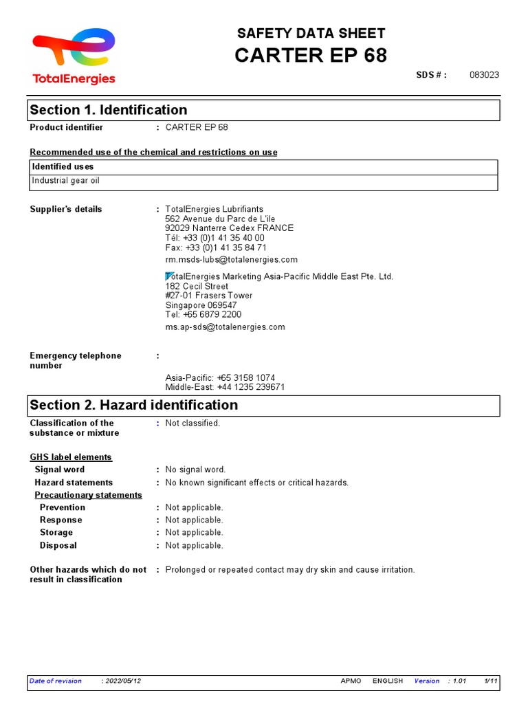 Carter EP 68 Safety Data Sheet | PDF | Toxicity | Waste