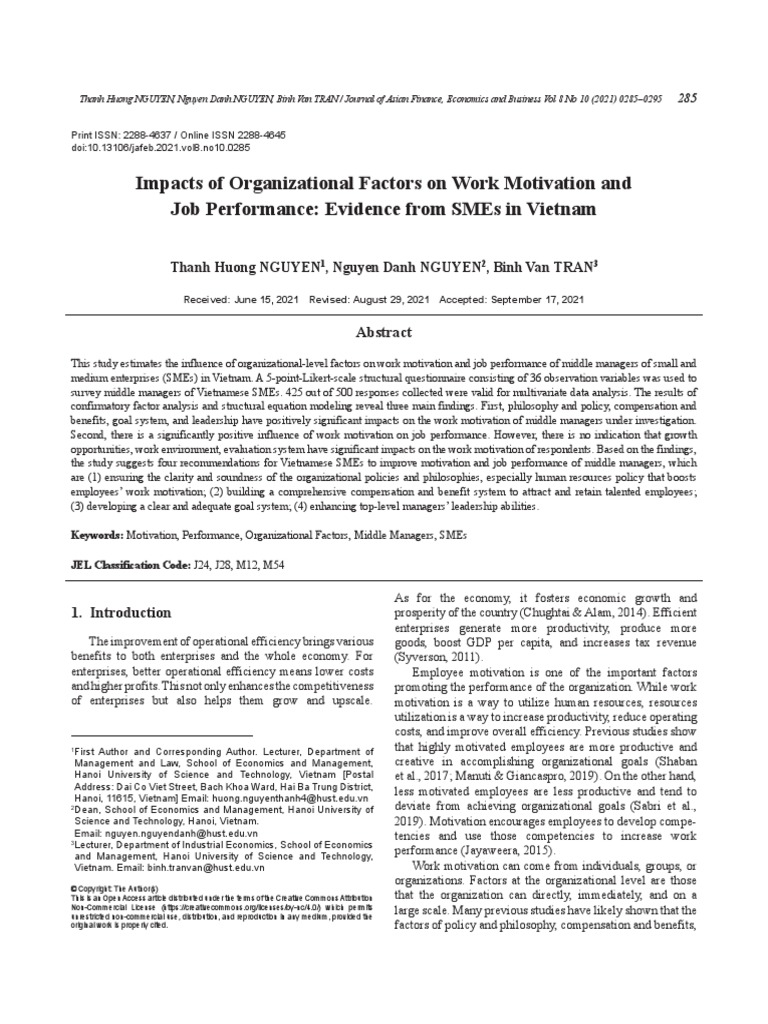 Impacts of Organizational Factors On Work Motivation and Job ...
