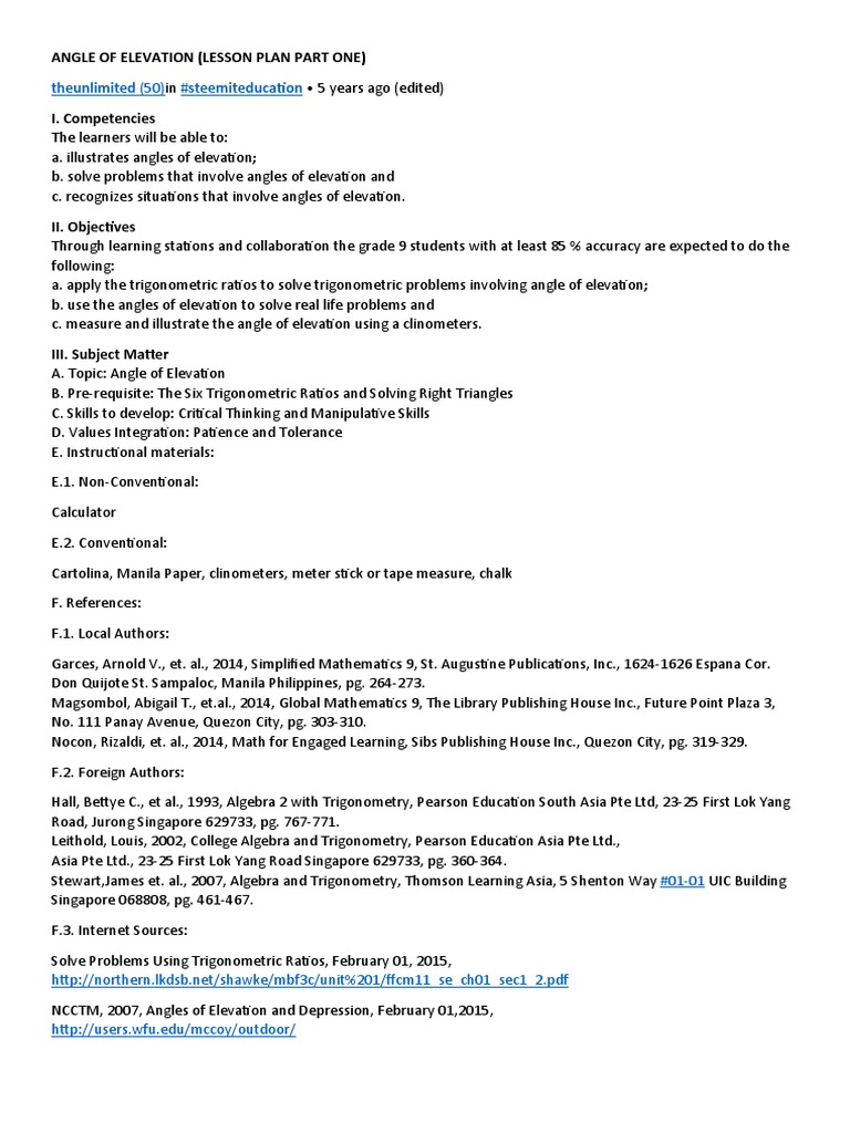 Angle of Elevation Lesson Plan | PDF | Teaching Methods & Materials