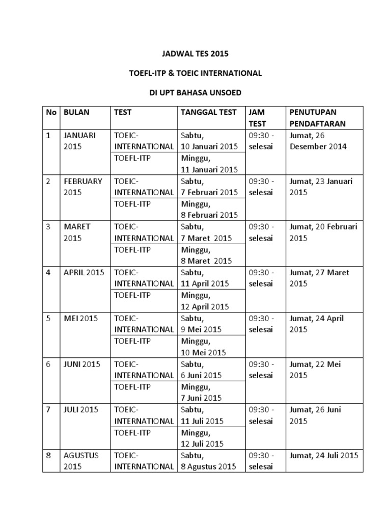 JADWAL ITP_TOEFL & TOEIC ITC 2015 | PDF