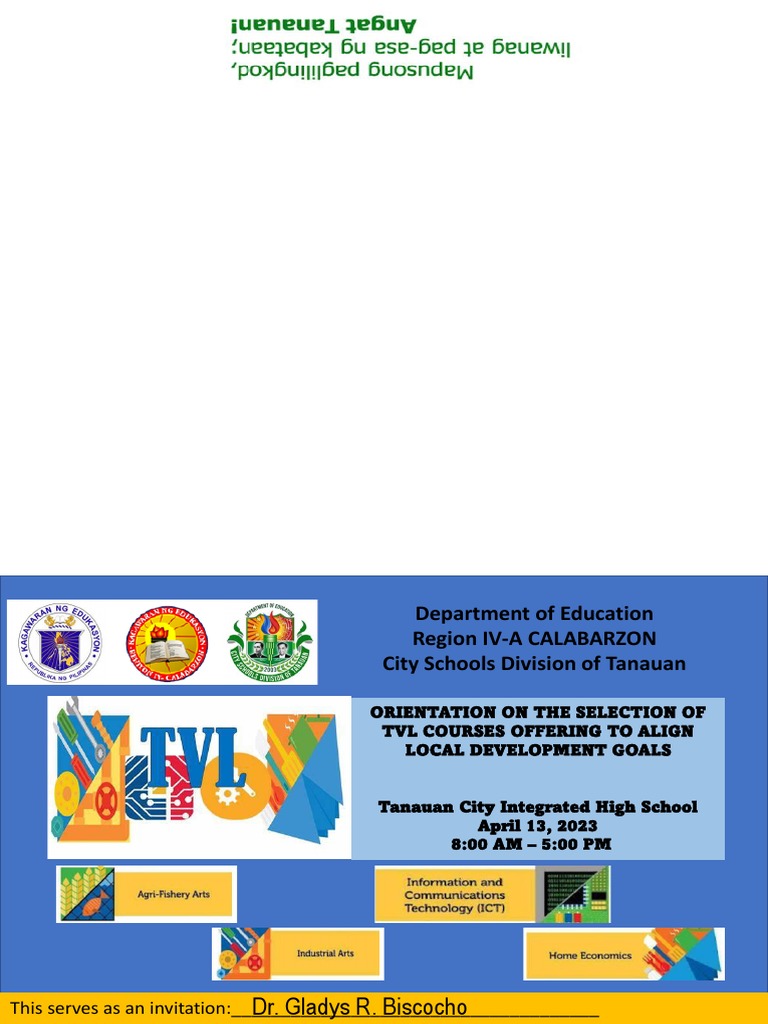 Invitation For ORIENTATION ON THE SELECTION OF TVL COURSES April 13 ...