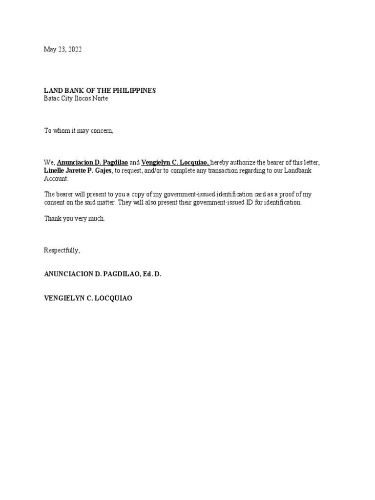 Authorization Letter LBP | PDF Authorization Letter LBP | PDF
