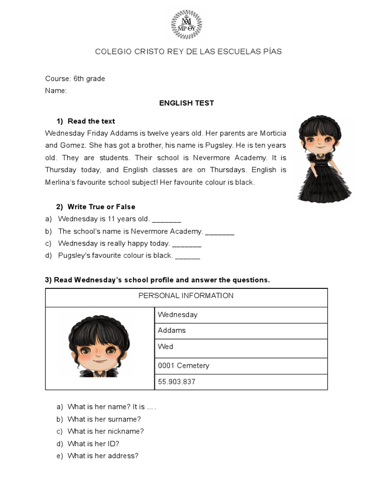 6th Grade English Test: Wednesday Addams | PDF | Language Arts & Discipline