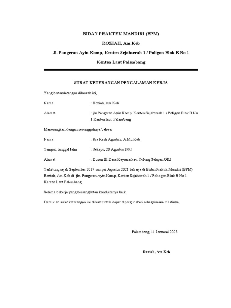 Surat Pengalaman Kerja Ria | PDF