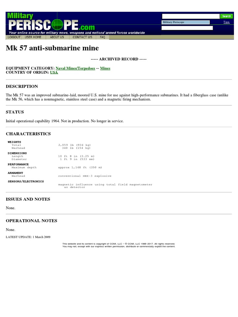 MK 57 Anti-Submarine Mine: Description | PDF