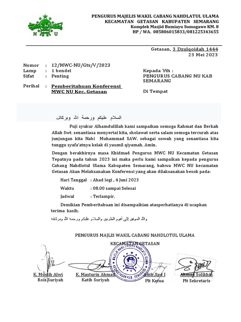 Undangan Dan TOR Konferensi MWC NU 2023 | PDF