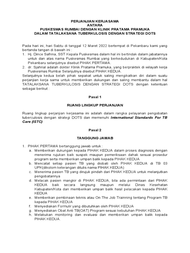 Perjanjian Kerjasama Antara Puskesmas Rumbai Dengan Klinik Pratama ...