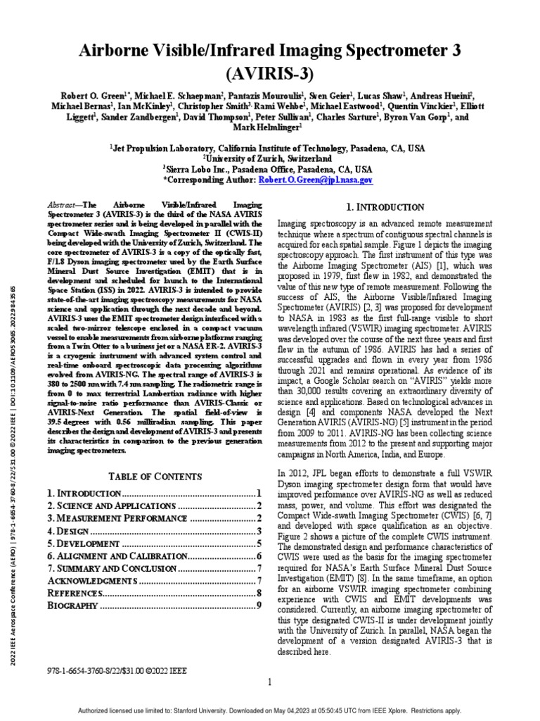 Airborne Visible - Infrared Imaging Spectrometer 3 (AVIRIS-3) | PDF