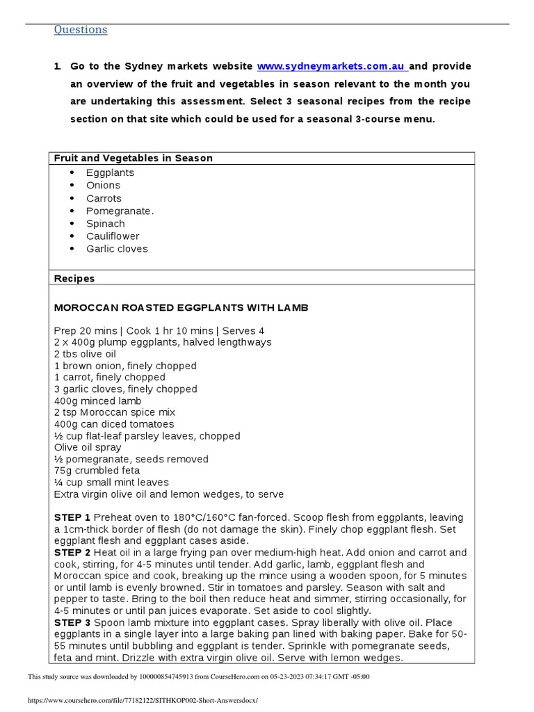 SITHKOP002 Short Answers | PDF
