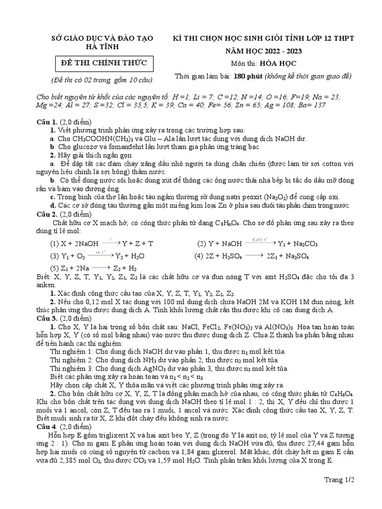 HSG 12 Hà Tĩnh 2022 - 2023 | PDF