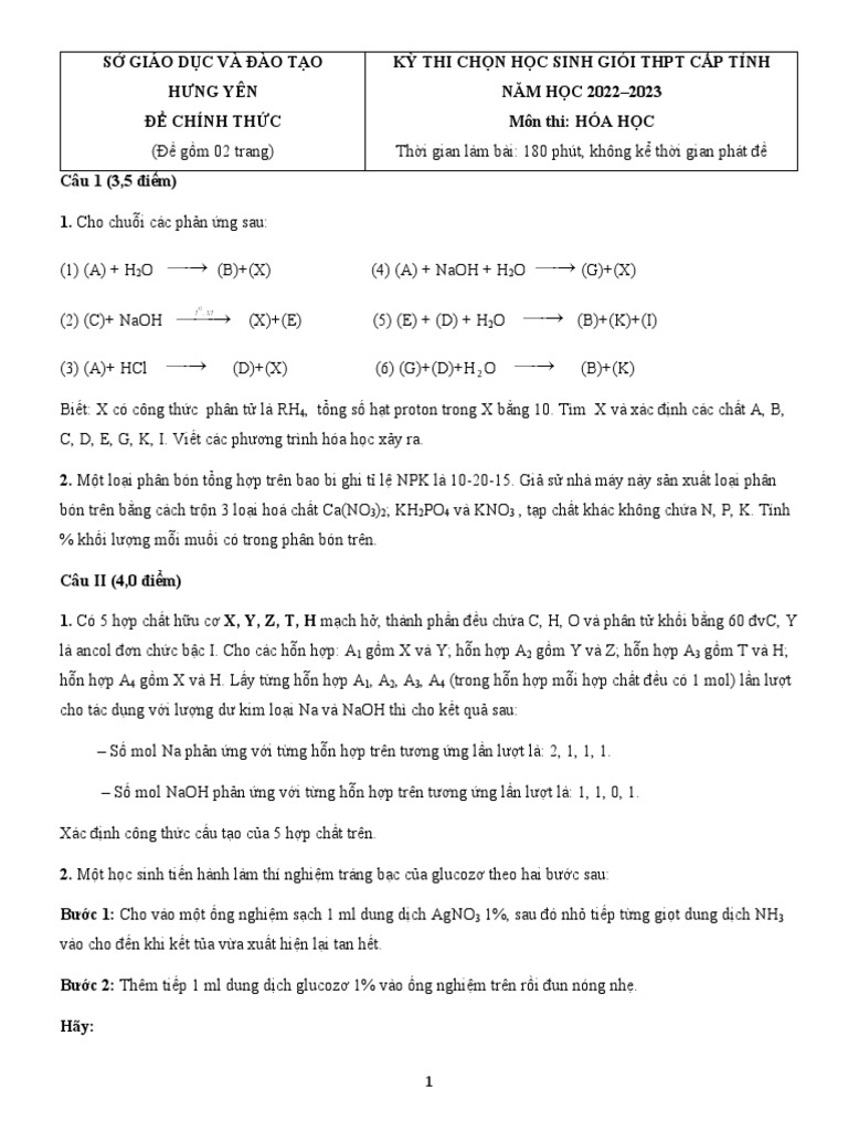 HSG 12 Hưng Yên 2022 - 2023 | PDF