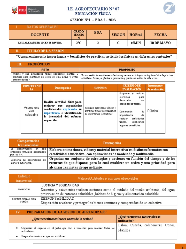 Sesion de Aprendizaje Educacion Fisica 2C 1 Hora | Descargar gratis PDF ...