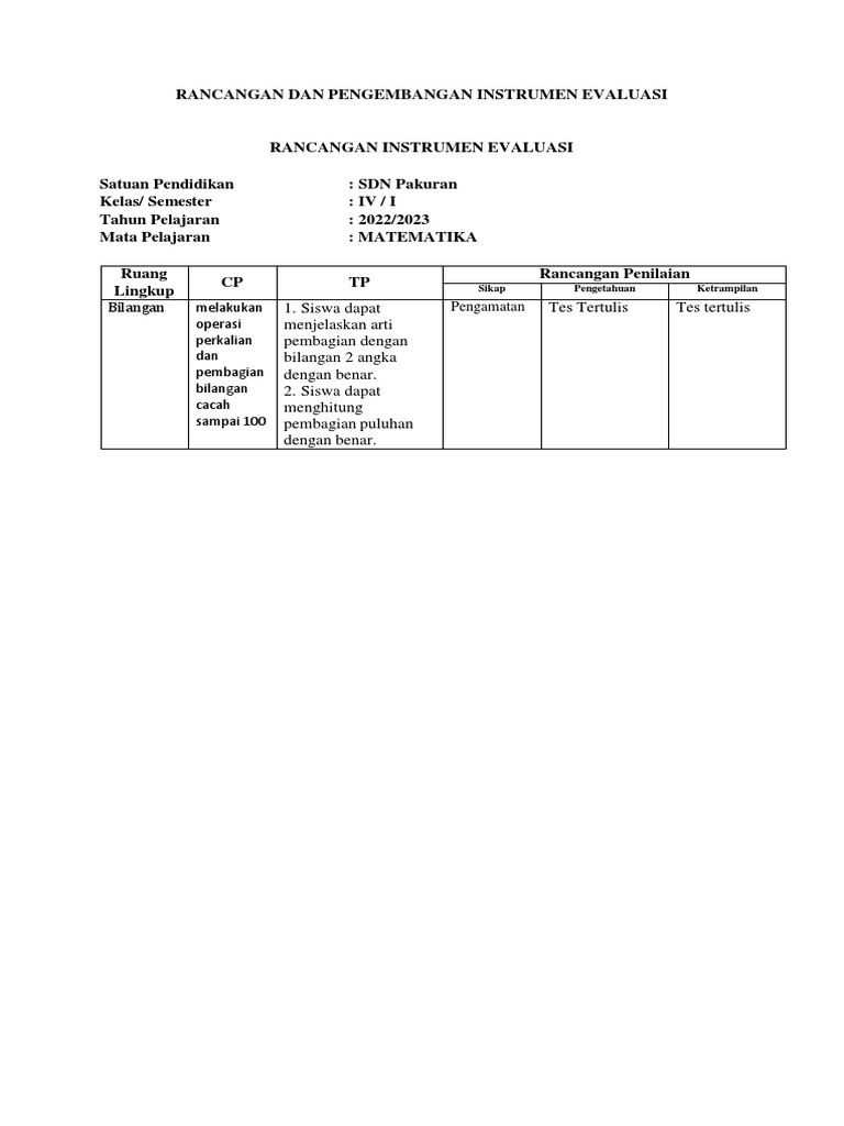 Kisi-Kisi, Instrumen Dan Rubrik Penilaian - MTK 4 | PDF