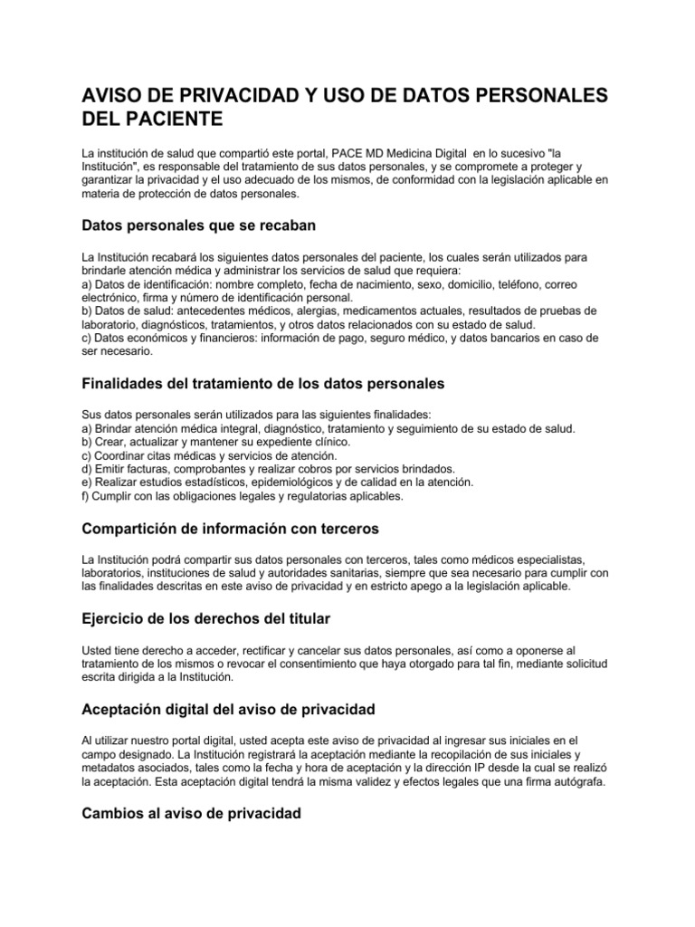 AVISO DE PRIVACIDAD Y USO DE DATOS PERSONALES DEL PACIENTE | PDF | Privacidad en internet