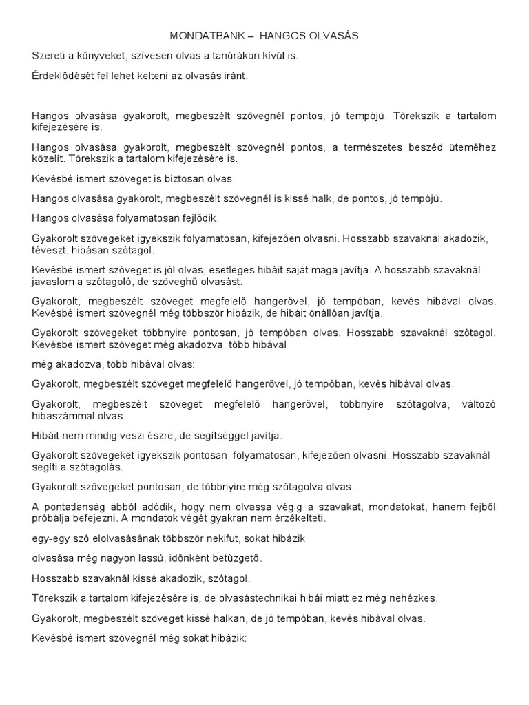 HANGOS OLVASÁS Értékelés | PDF