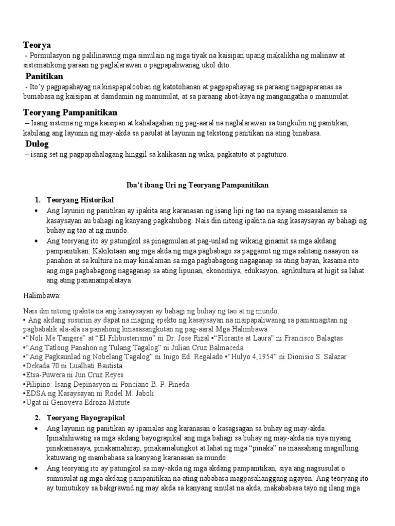 Ibat Ibang Uri NG Teoryang Pampanitikan | PDF