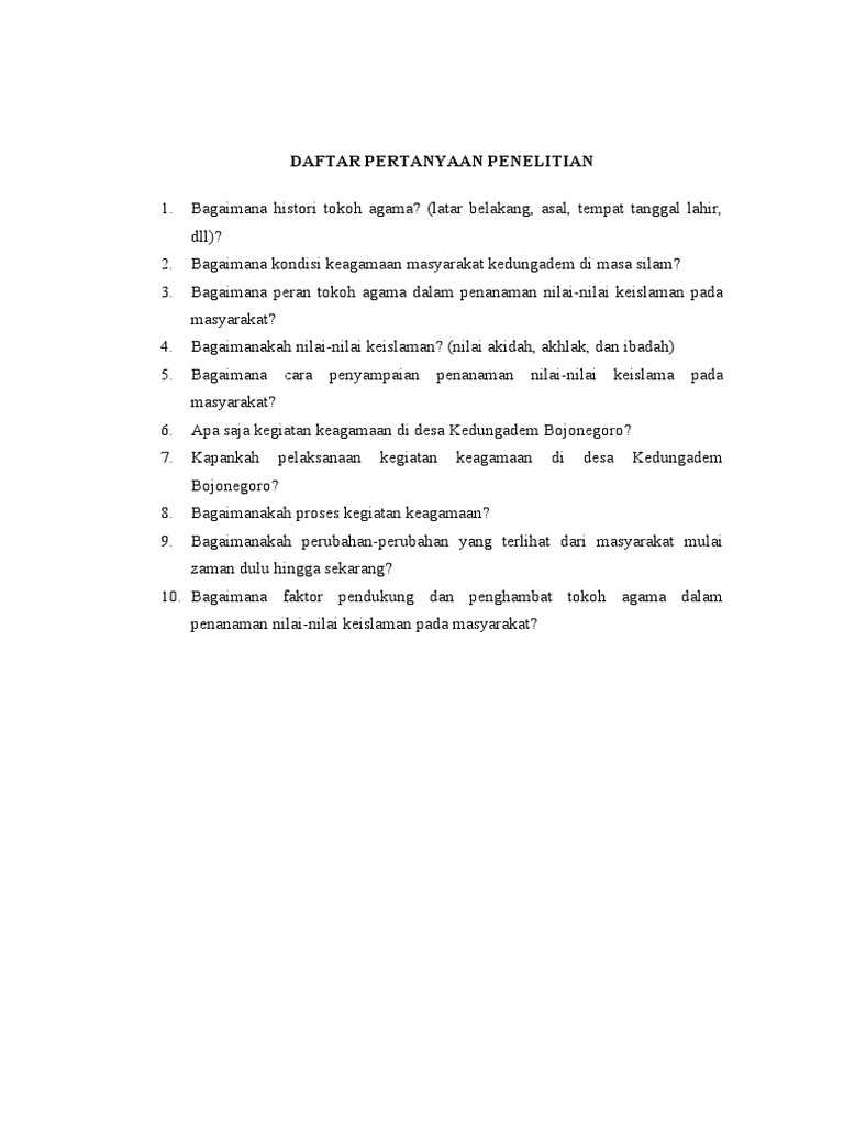 Daftar Pertanyaan Penelitian | PDF