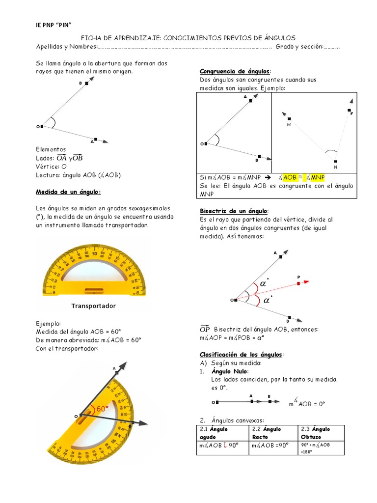 Ficha de Aprendizaje: Ángulos y Congruencia | PDF | Ángulo | Rotación