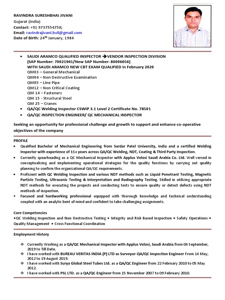 CV - Ravindra Jivani - SAUDI ARAMCO APPROVED INSPECTOR & QA QC Welding Inspector (CSWIP 3.1 ...