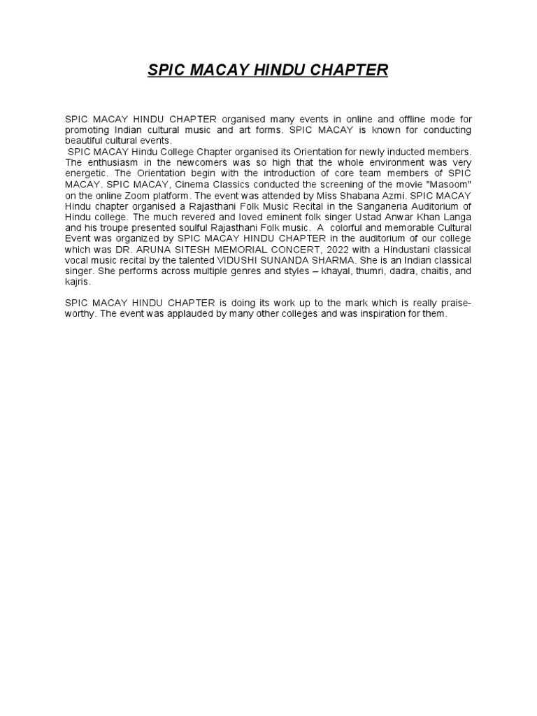 SPIC MACAY Hindu Chapter Events | PDF | Art