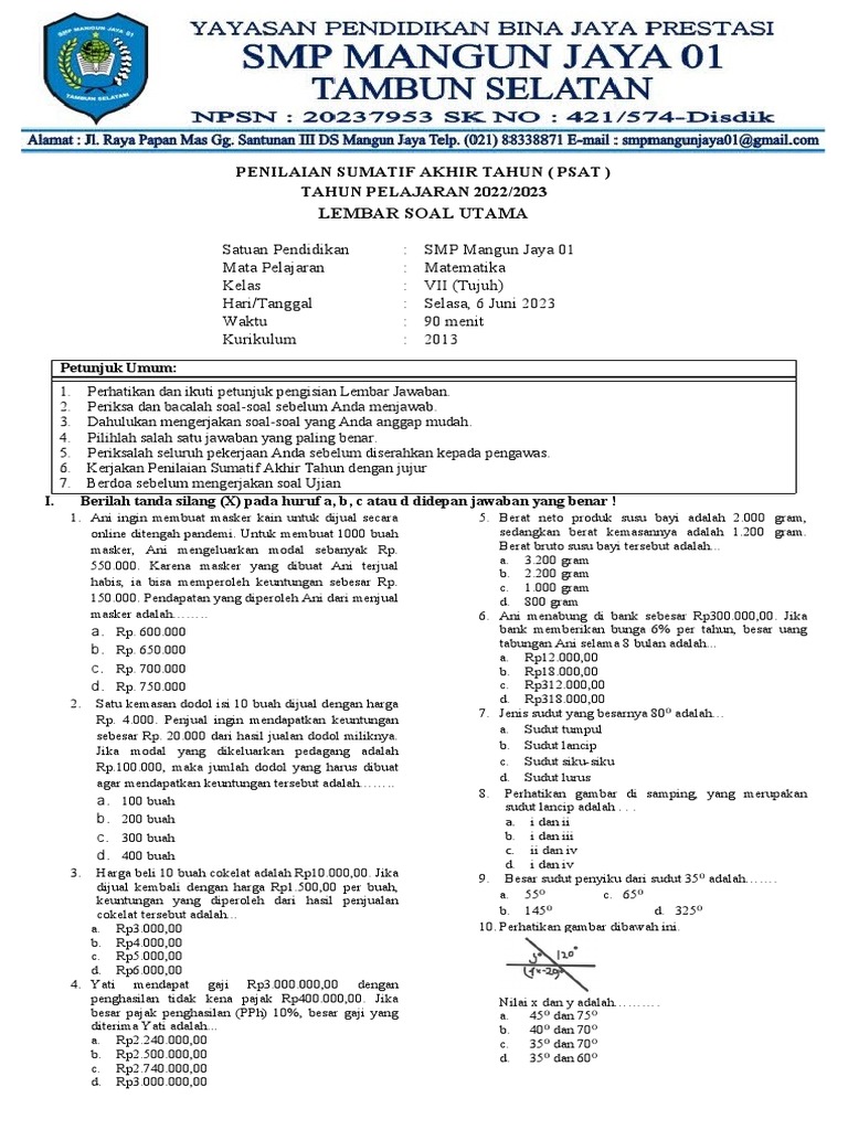 Soal Psat MTK 2023 | PDF