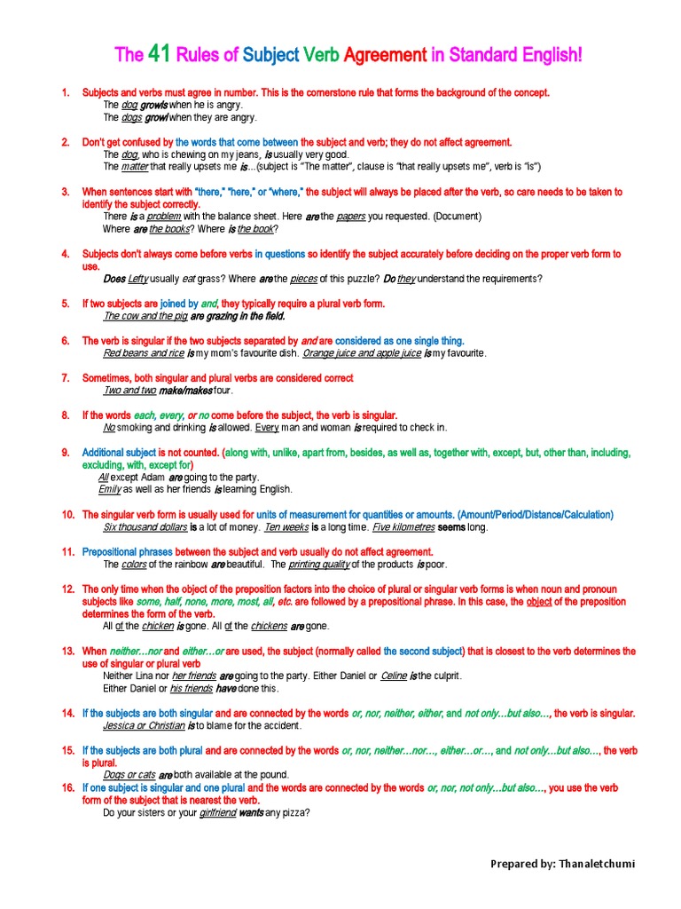 The 41 Rules of Subject Verb Agreement in Standard English | PDF