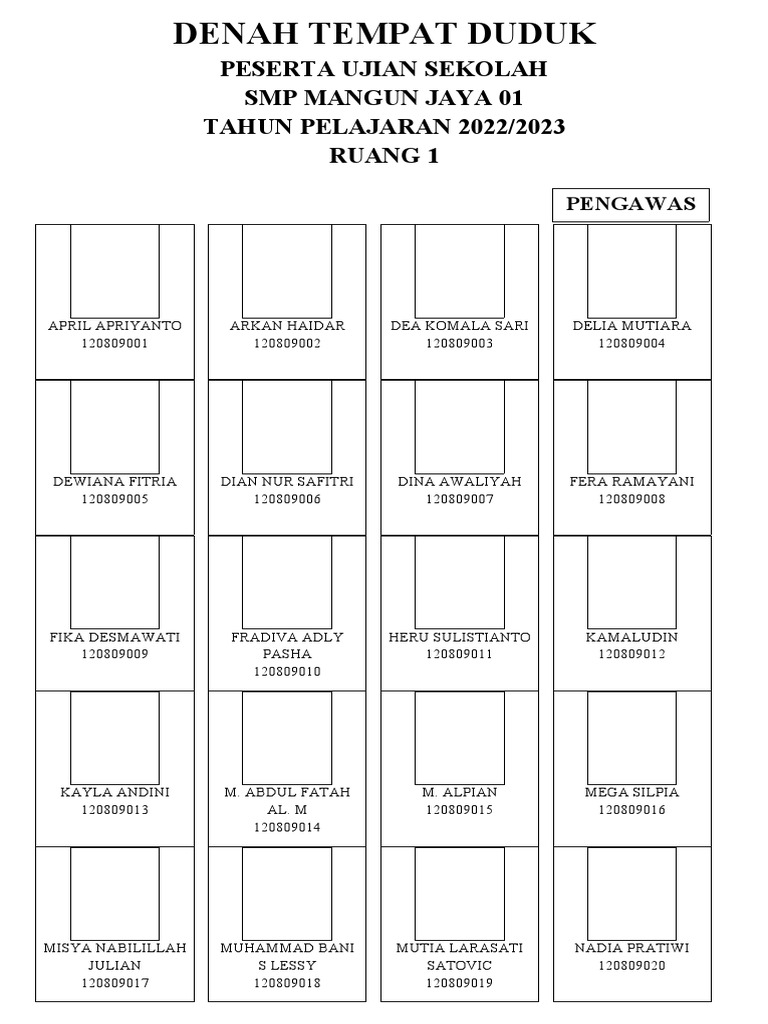 DENAH TEMPAT DUDUK UJIAN SEKOLAH | PDF