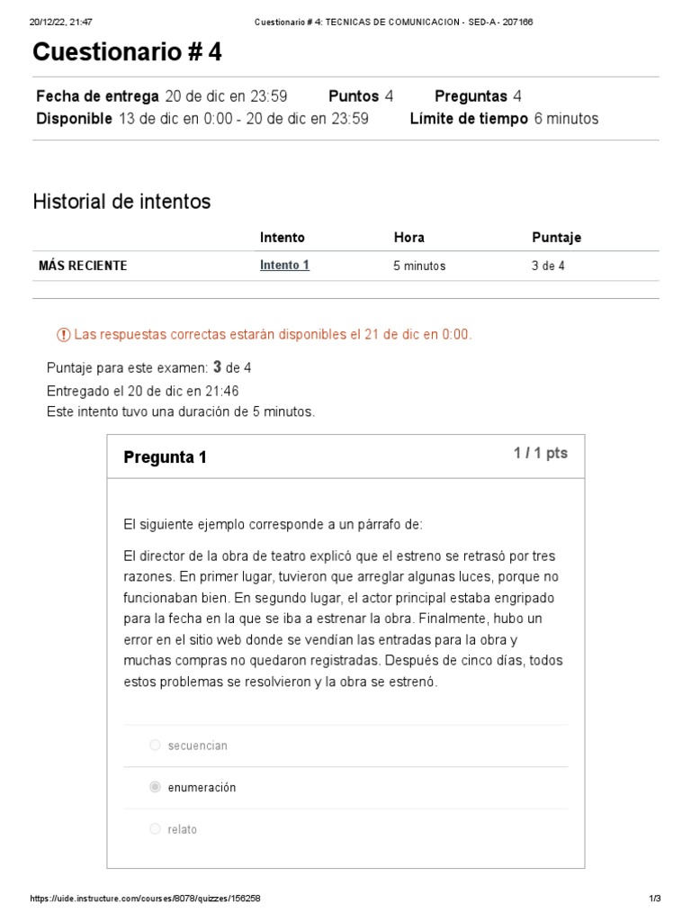 Cuestionario # 4 - TECNICAS DE COMUNICACION - SED-A - 207166 | PDF ...