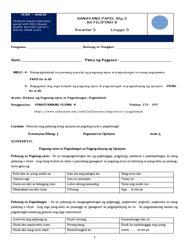 LAS_Q2_Filipino 8_W3 | PDF