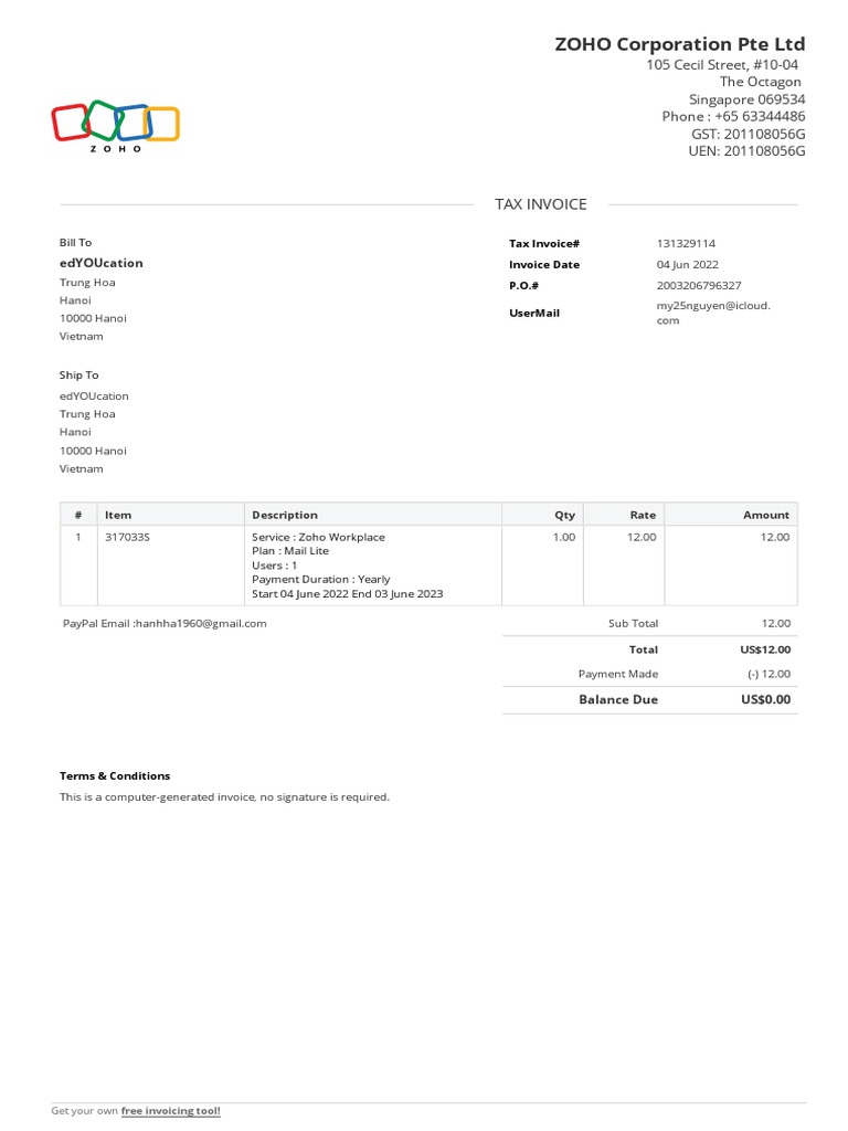 Free Zoho Invoice Template Download | PDF