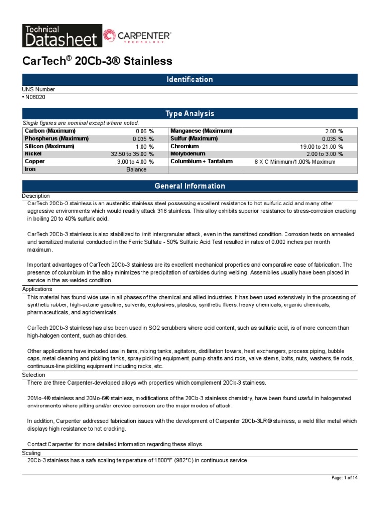 Carpenter 20CB-Data Sheet | PDF | Stainless Steel | Corrosion