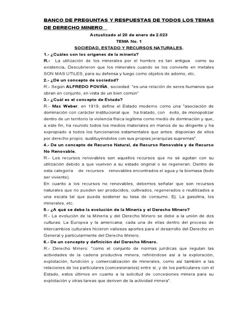 BANCO DE PREGUNTAS Y RESPUESTAS Derecho Minero PRIMER SEMESTRE 2023 Actualizado Al 20 de Enero ...