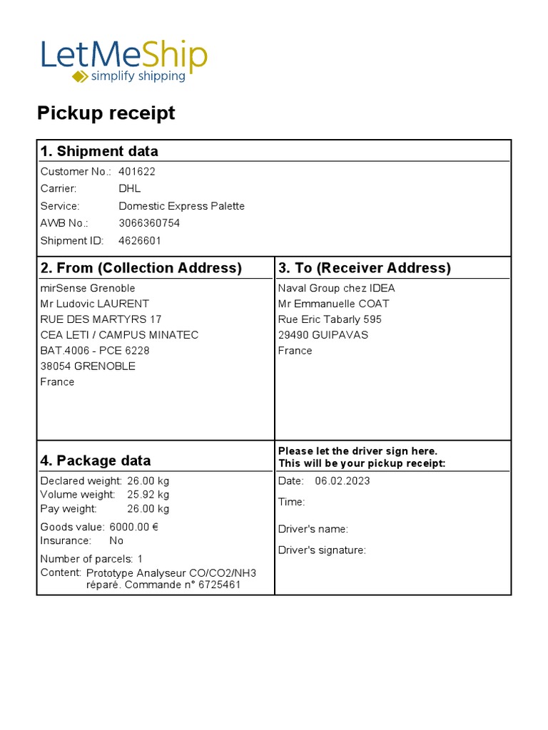Pickup Receipt: 1. Shipment Data | PDF | Business | Technology & Engineering