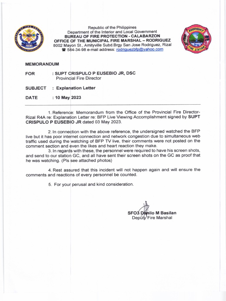 RODRIGUEZ FS - Explanation Letter-SFO3 Danilo M Basilan | PDF
