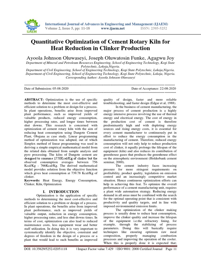 Quantitative Optimization of Cement Rotary Kiln For Heat Reduction in ...