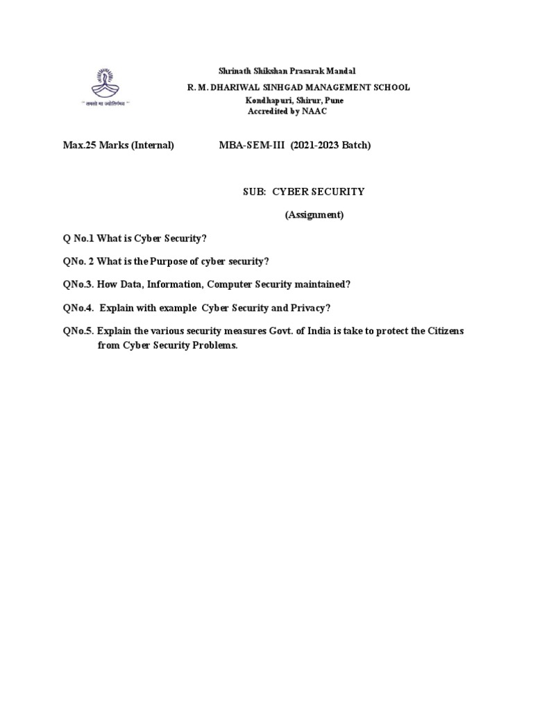 Cyber Security Assignment For MBA-SEM-III | PDF
