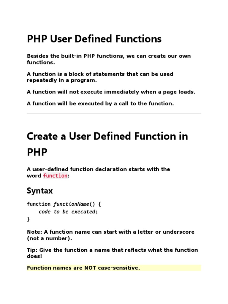 PHP User Defined Functions | PDF | Parameter (Computer Programming) | Php PHP User Defined Functions | PDF | Parameter (Computer Programming) | Php