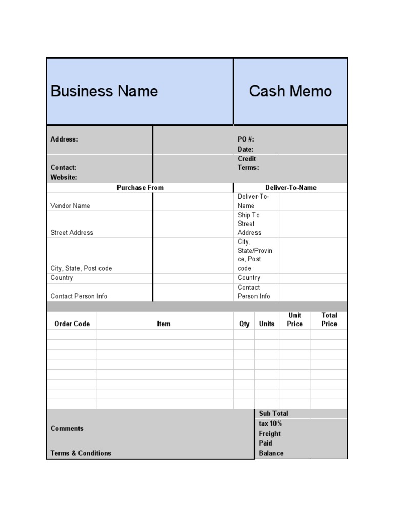 Cash Memo Template for Businesses | PDF
