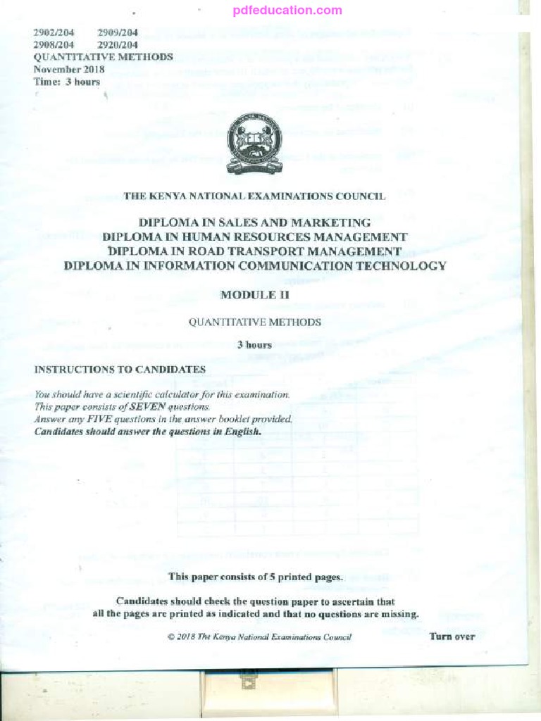 Quantitative Methods Module II KNEC Past Paper November 2018 | PDF